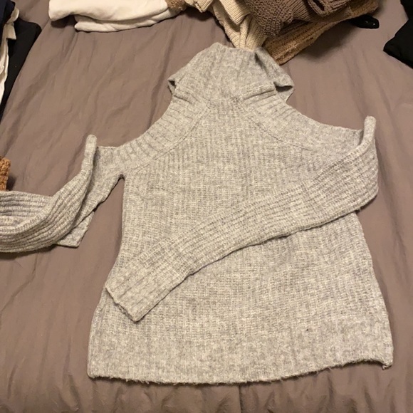 Olivaceous | Sweaters | Olivaceous Grey High Neck Open Shoulder Sweater ...